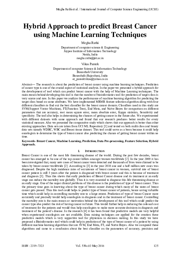 (PDF) Hybrid Approach to predict Breast Cancer using Machine Learning Techniques | Megha Rathi ...
