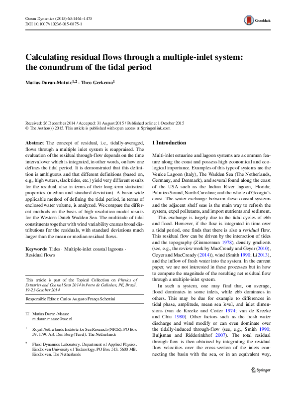 Pdf Calculating Residual Flows Through A Multiple Inlet System The Conundrum Of The Tidal Period