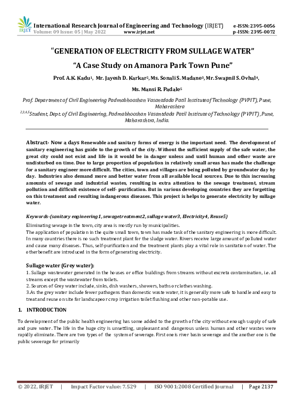 (PDF) "GENERATION OF ELECTRICITY FROM SULLAGE WATER" "A Case Study on ...