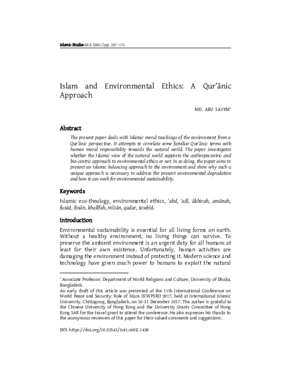 (PDF) Islam and Environmental Ethics: A Qur'ānic Approach