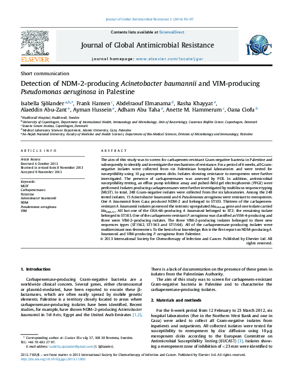 (PDF) Detection of NDM-2-producing Acinetobacter baumannii and VIM-producing Pseudomonas ...