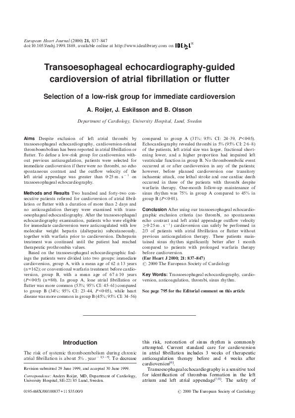 (PDF) Transoesophageal echocardiography-guided cardioversion of atrial ...