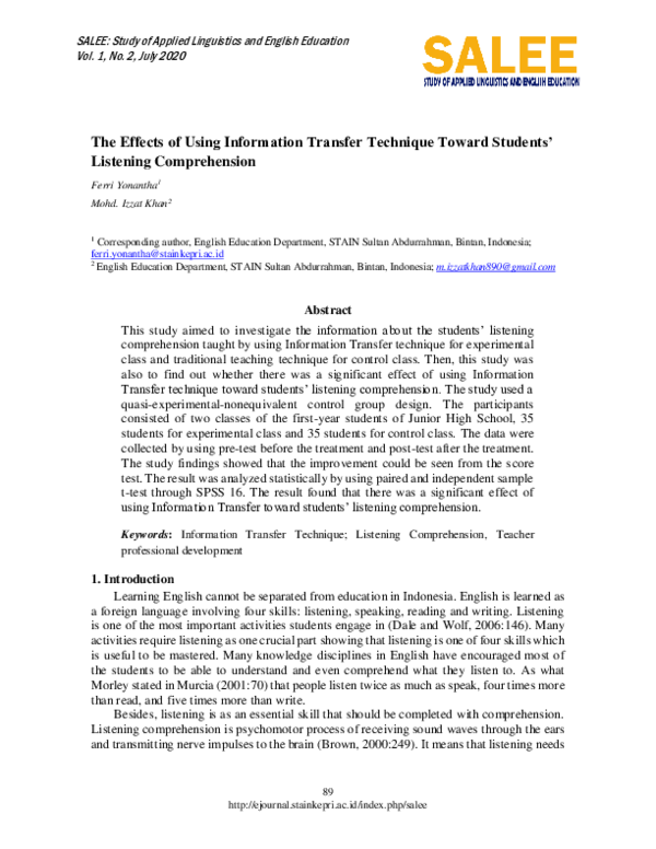 (PDF) The THE EFFECTS OF USING INFORMATION TRANSFER TECHNIQUE TOWARD ...