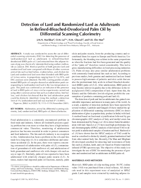 (PDF) Detection of lard and randomized lard as adulterants in refined ...