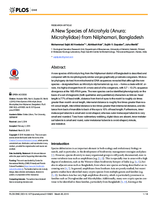 (PDF) A new species of microhyla (anura: microhylidae) from nilphamari ...