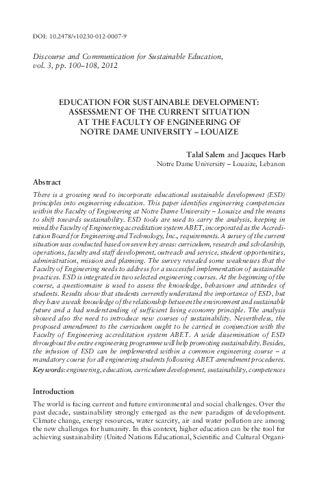 (PDF) Education for Sustainable Development: Assessment of the Current Situation at the Faculty ...