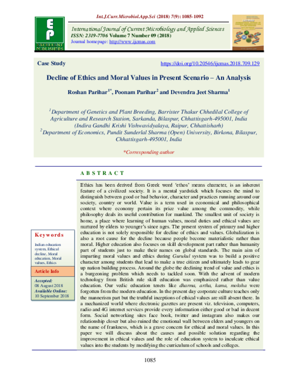(PDF) Decline of Ethics and Moral Values in Present Scenario – An Analysis