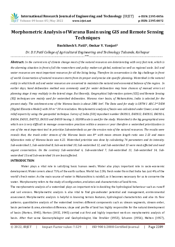 Pdf Morphometric Analysis Of Warana Basin Using Gis And Remote Sensing Techniques