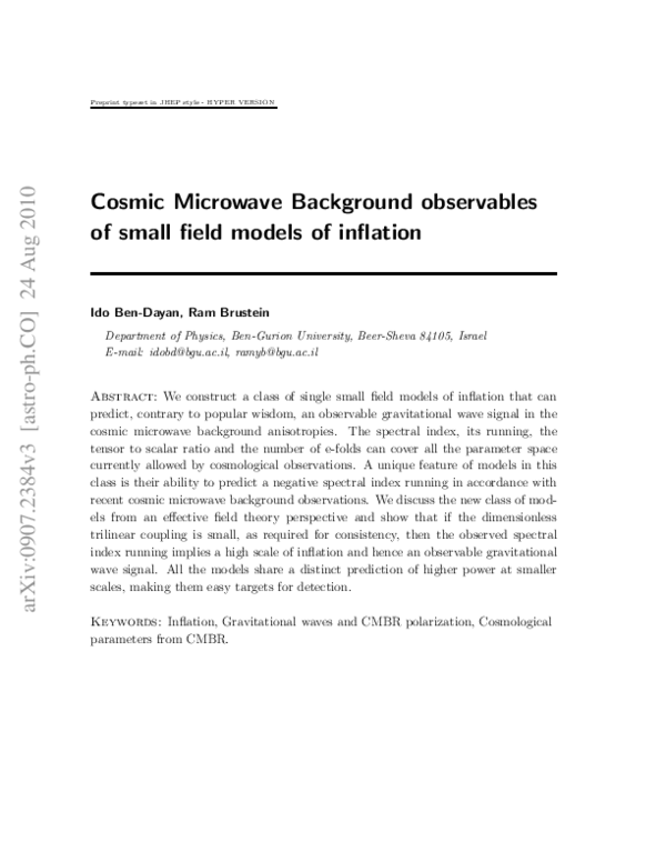 (PDF) Cosmic microwave background observables of small field models of ...