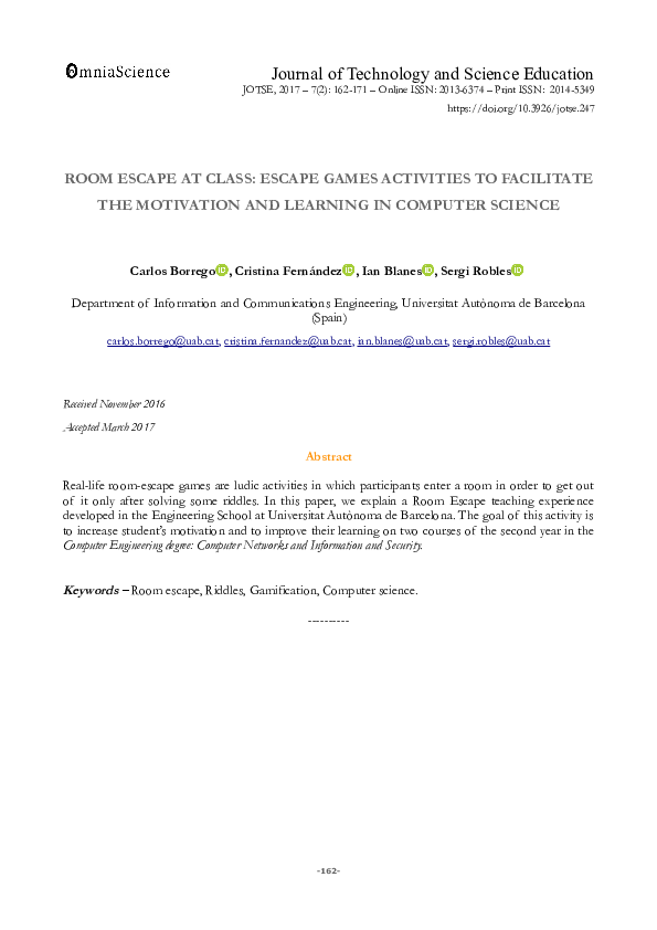 (PDF) Room escape at class: Escape games activities to facilitate the ...