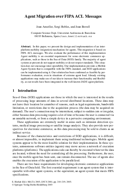 (PDF) Agent Migration over FIPA ACL Messages