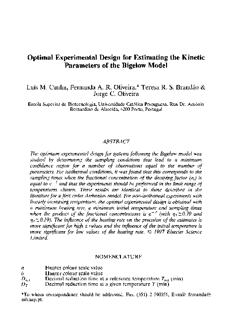 (PDF) Optimal Experimental Design for Estimating Parameters of the Bigelow Model the Kinetic