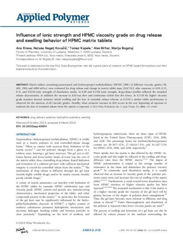 Pdf Influence Of Ionic Strength And Hpmc Viscosity Grade On Drug Release And Swelling Behavior