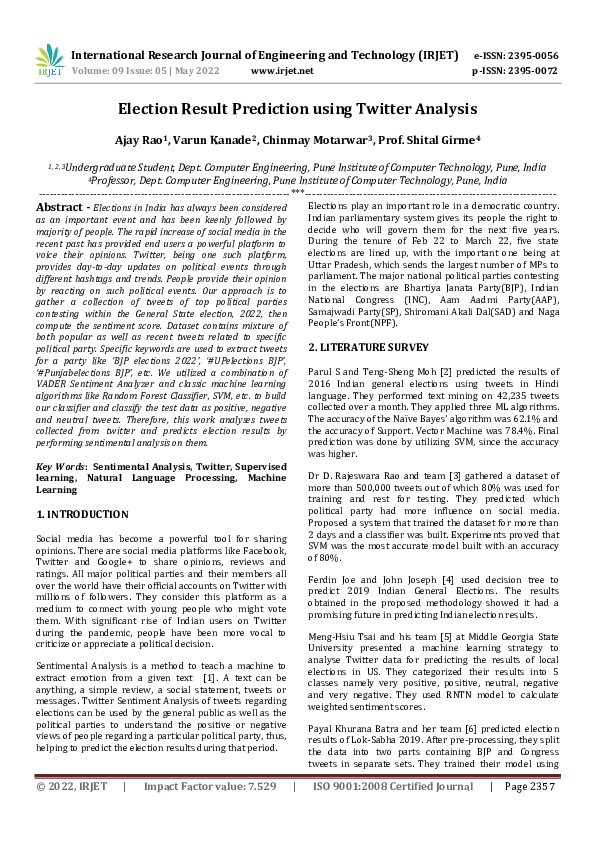 (PDF) Election Result Prediction using Twitter Analysis