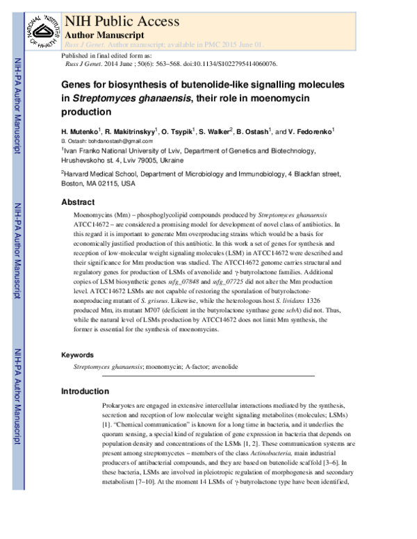 (PDF) Genes for biosynthesis of butenolide-like signalling molecules in ...