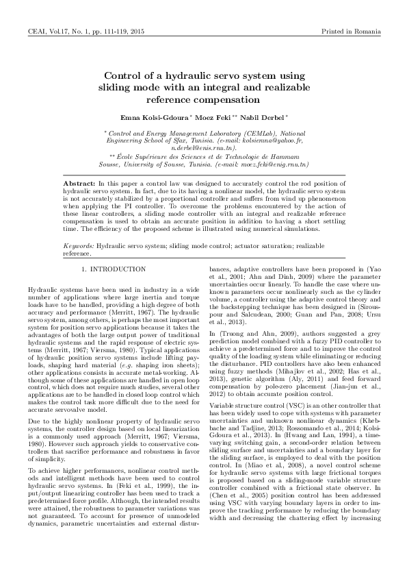 (PDF) Control of a hydraulic servo system using sliding mode with an integral and realizable ...