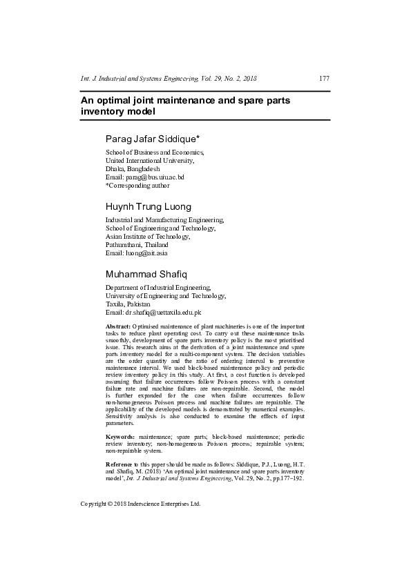 (PDF) An optimal joint maintenance and spare parts inventory model