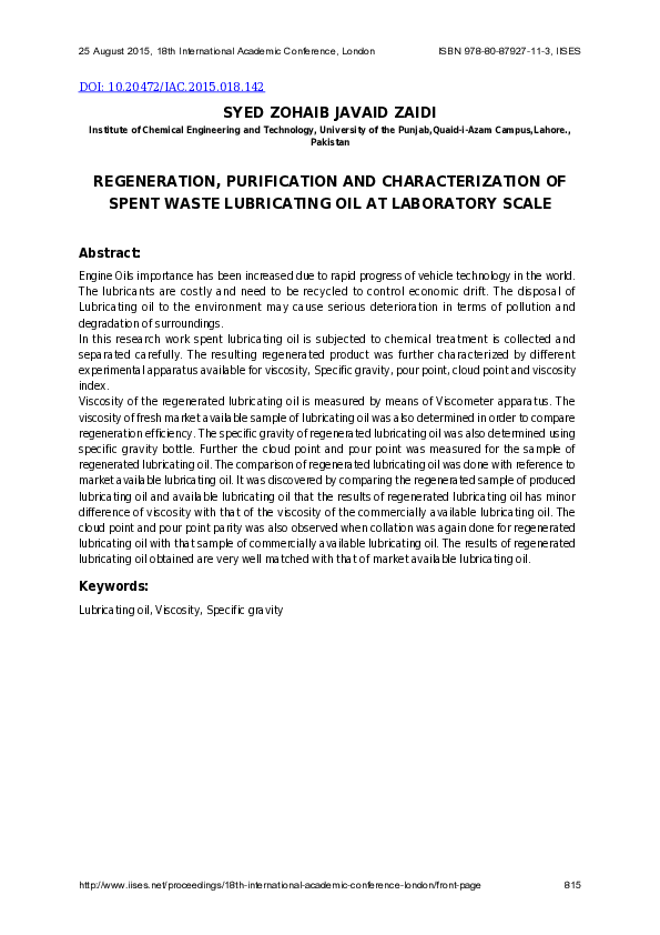(PDF) Regeneration, Purification and Characterization of spent waste ...
