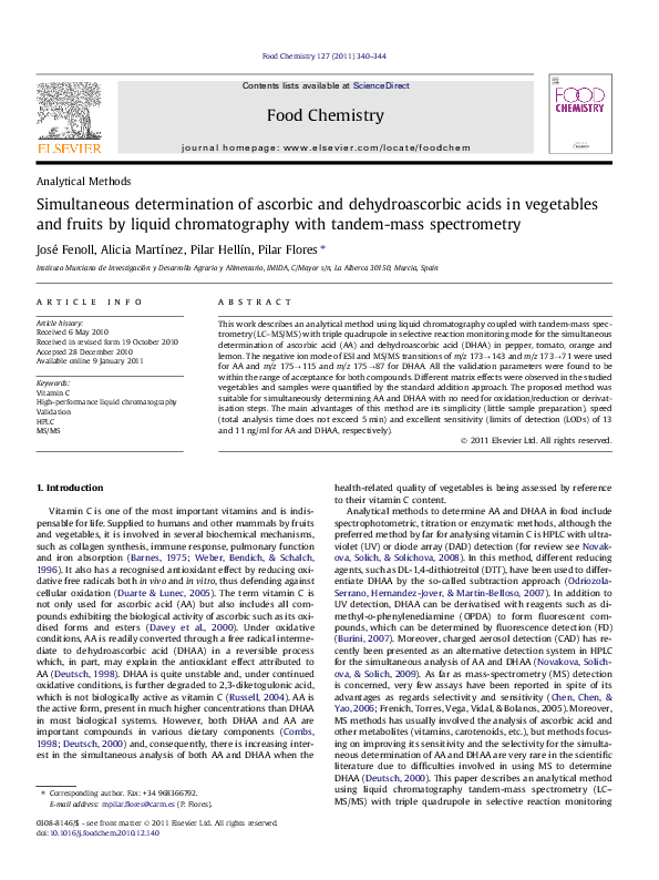 (PDF) Simultaneous determination of ascorbic and dehydroascorbic acids in vegetables and fruits ...