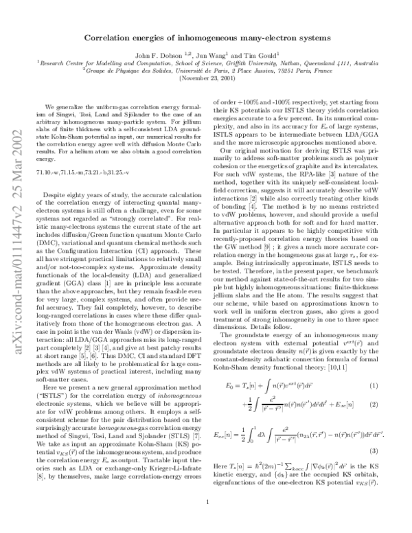 (PDF) Correlation energies of inhomogeneous many-electron systems