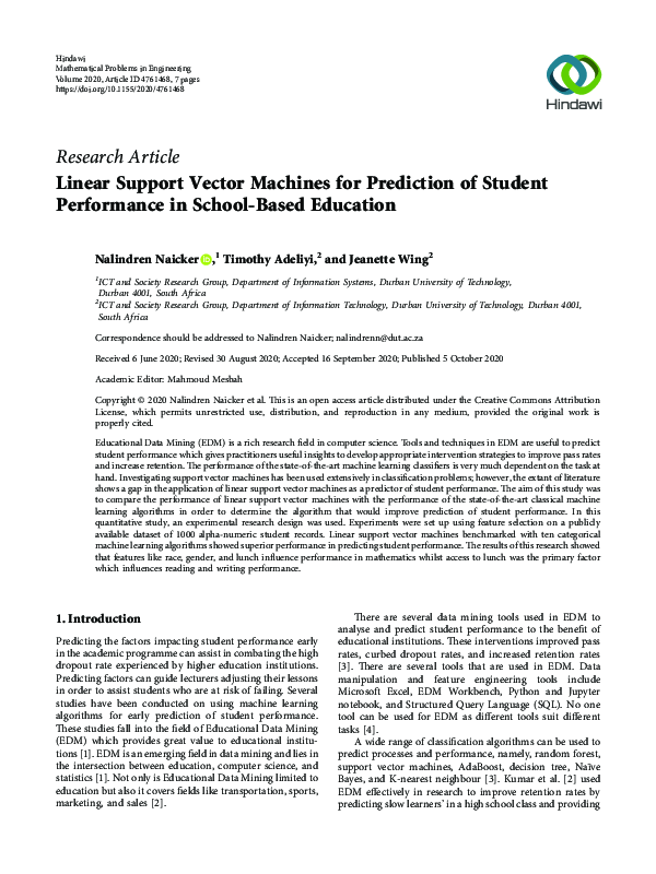 (PDF) Linear Support Vector Machines for Prediction of Student Performance in School-Based Education