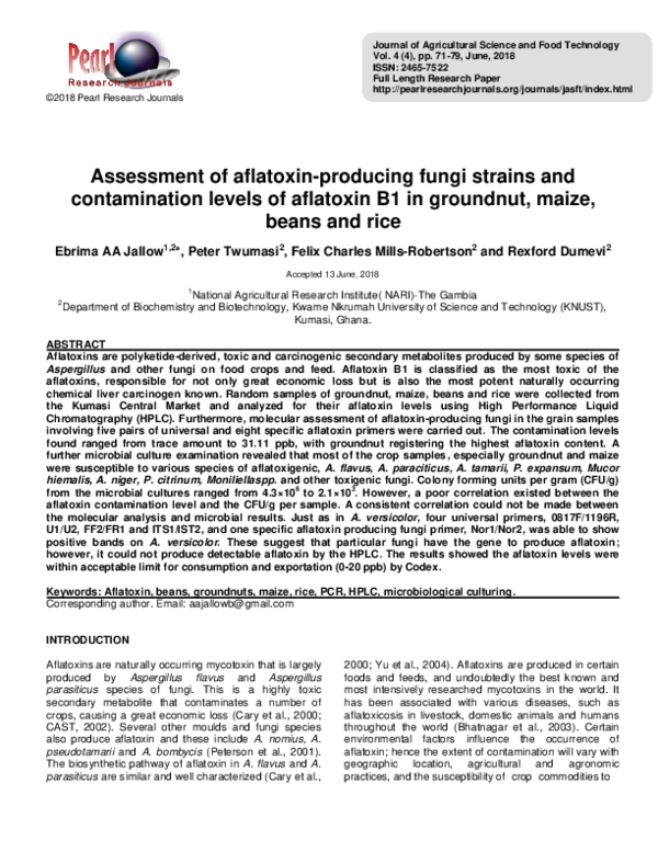 (PDF) Assessment of aflatoxin-producing fungi strains and contamination levels of aflatoxin B1 ...