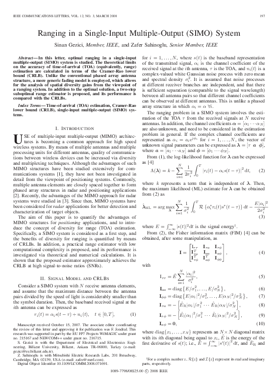 Pdf Ranging In A Single Input Multiple Output Simo System Zafer Sahinoglu