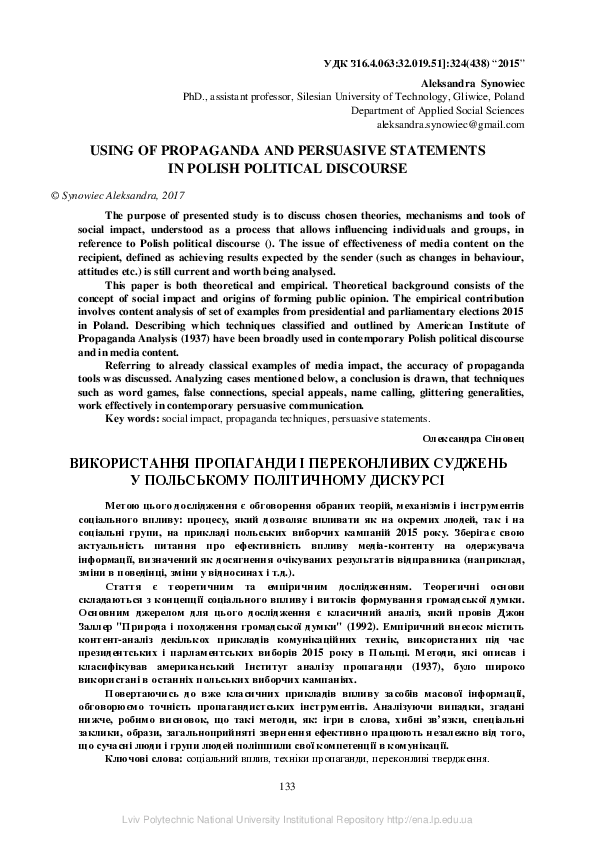 Pdf Using Of Propaganda And Persuasive Statements In Polish Political Discourse
