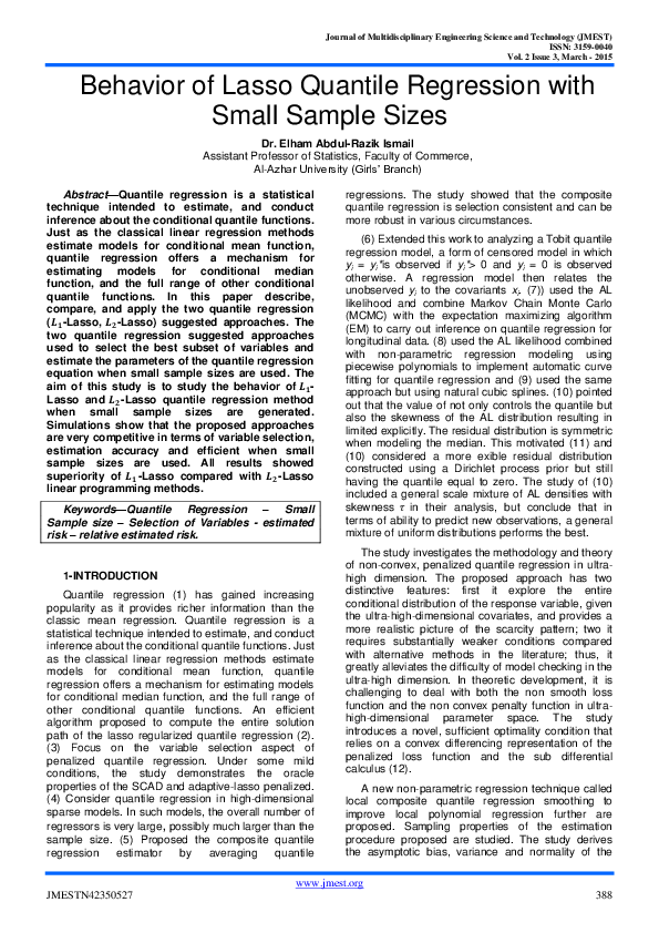 (PDF) Behavior of Lasso Quantile Regression with Small Sample Sizes | Elham Ismail - Academia.edu