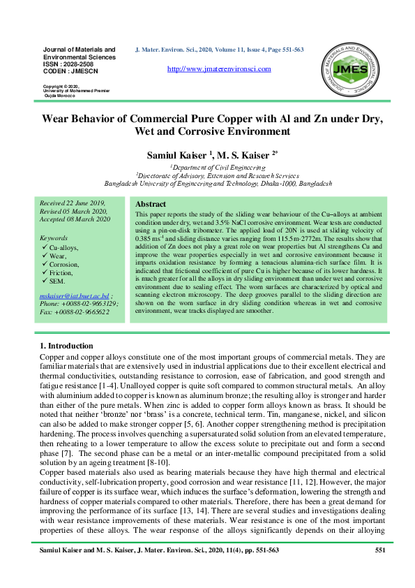 (PDF) Wear Behavior of Commercial Pure Copper with Al and Zn under Dry ...