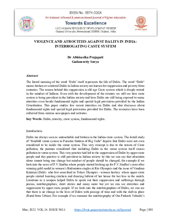 (PDF) VIOLENCE AND ATROCITIES AGAINST DALITS IN INDIA: INTERROGATING CASTE SYSTEM