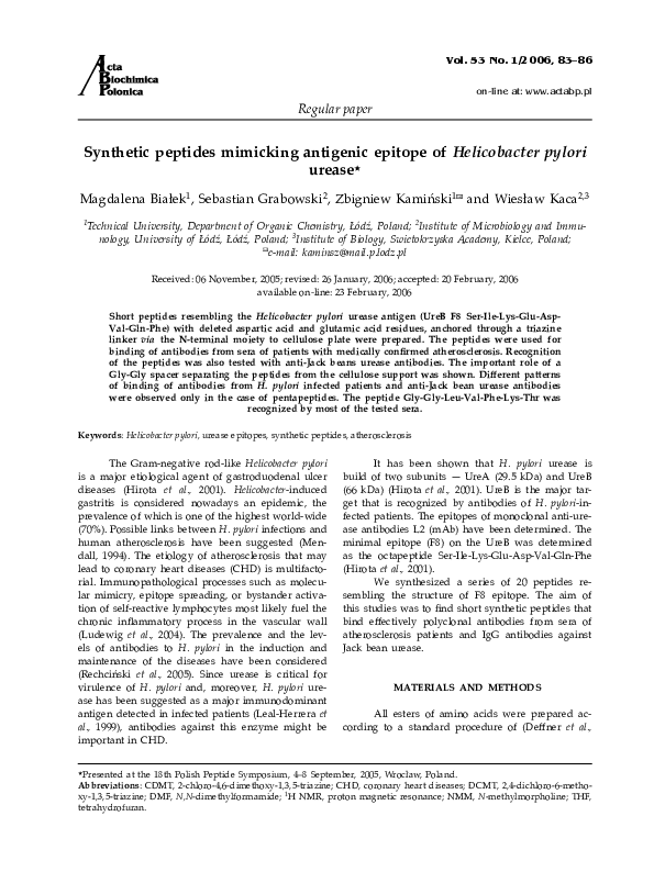 (PDF) Synthetic peptides mimicking antigenic epitope of Helicobacter ...