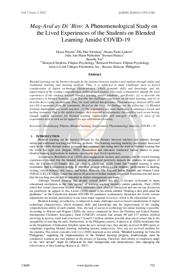 (PDF) Mag-Aral ay Di 'Biro: A Phenomenological Study on the Lived Experiences of the Students on ...