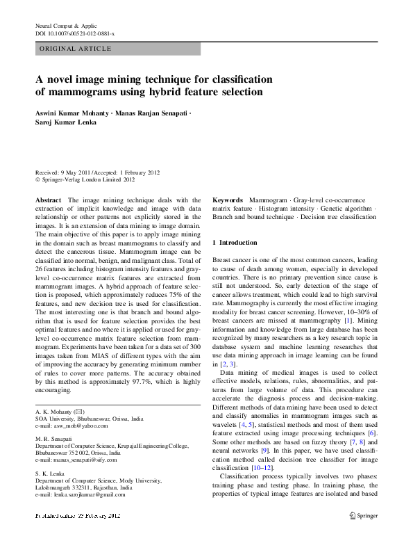 Pdf A Novel Image Mining Technique For Classification Of Mammograms