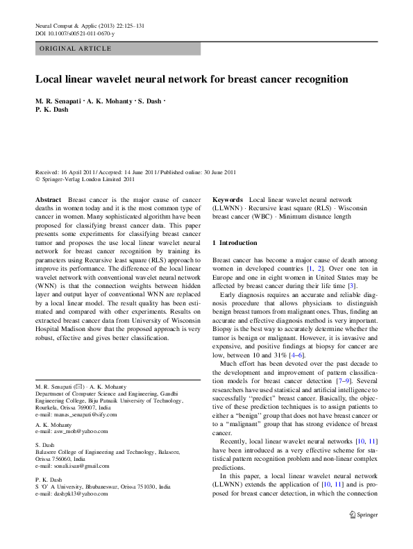 Pdf Local Linear Wavelet Neural Network For Breast Cancer Recognition Aswini Mohanty 