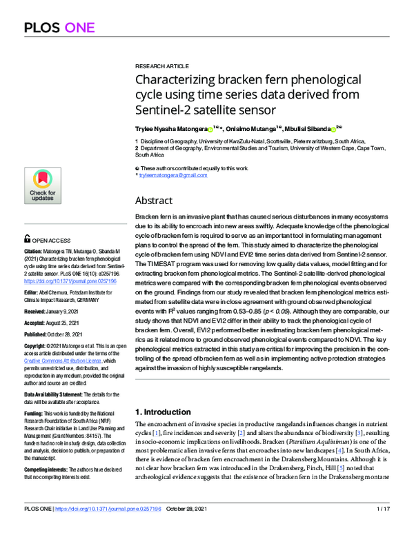 Pdf Characterizing Bracken Fern Phenological Cycle Using Time Series Data Derived From 