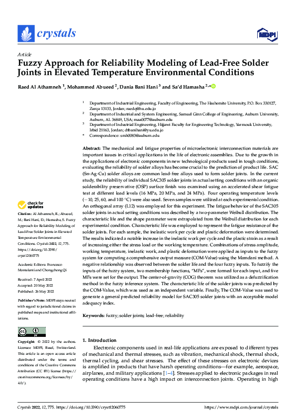 (PDF) Fuzzy Approach for Reliability Modeling of Lead-Free Solder Joints in Elevated Temperature ...