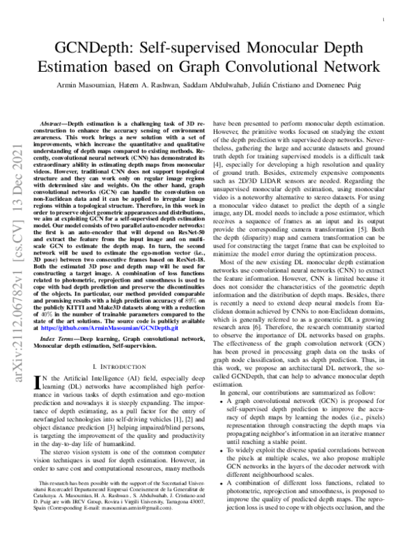 (PDF) GCNDepth: Self-supervised Monocular Depth Estimation based on Graph Convolutional Network