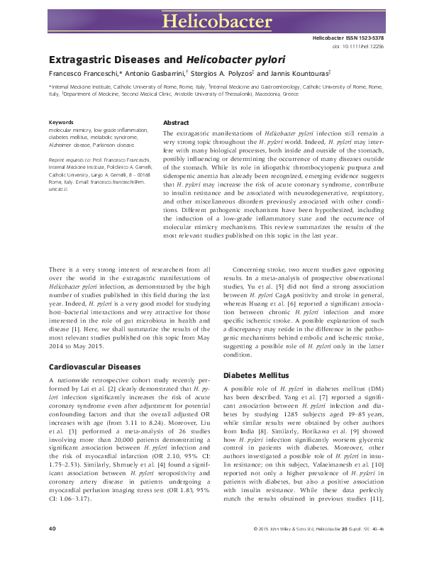(PDF) Extragastric Diseases andHelicobacter pylori