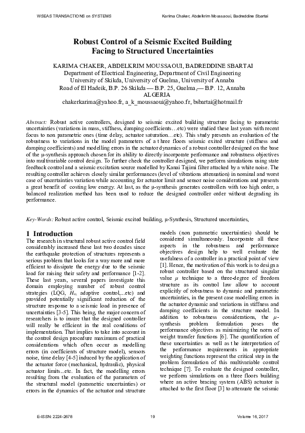 (PDF) Robust Control of a Seismic Excited Building Facing to Structured Uncertainties ...