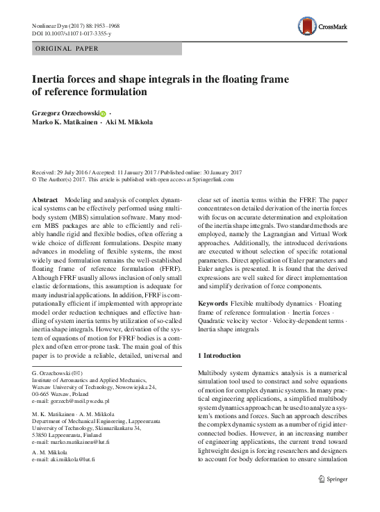 (PDF) Inertia forces and shape integrals in the floating frame of reference formulation | Marko ...
