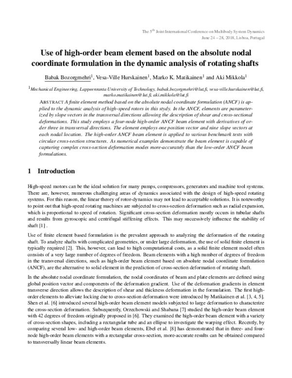 (PDF) Use of high-order beam element based on the absolute nodal coordinate formulation in the ...