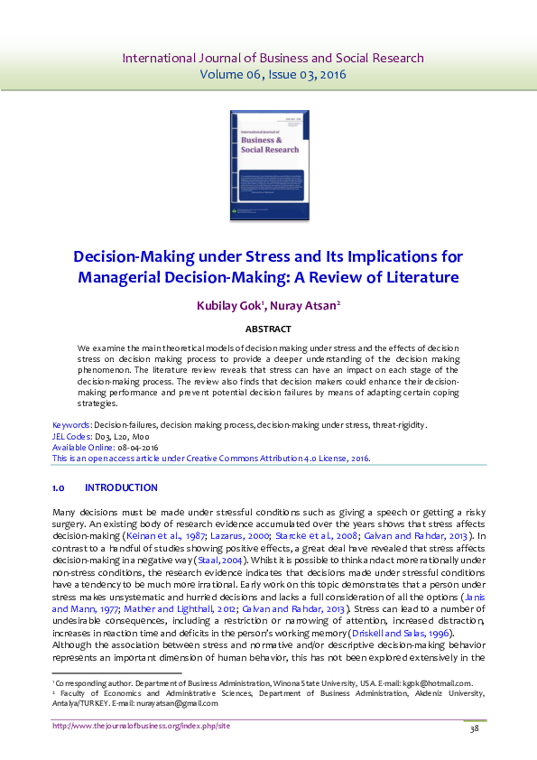 (PDF) Decision-Making under Stress and Its Implications for Managerial Decision-Making: A Review ...
