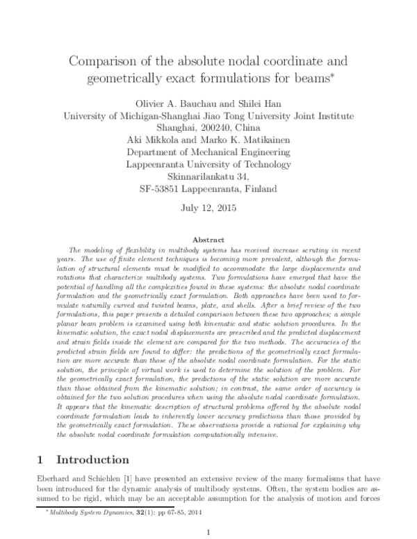 Pdf Comparison Of The Absolute Nodal Coordinate And Geometrically Exact Formulations For Beams