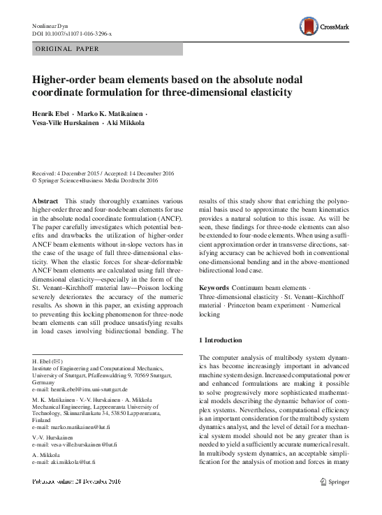 Pdf Higher Order Beam Elements Based On The Absolute Nodal Coordinate Formulation For Three
