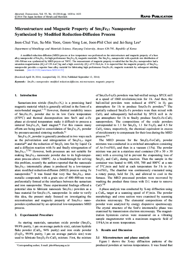 (PDF) Microstructure and Magnetic Property of Sm2Fe17 Nanopowder Synthesized by Modified ...