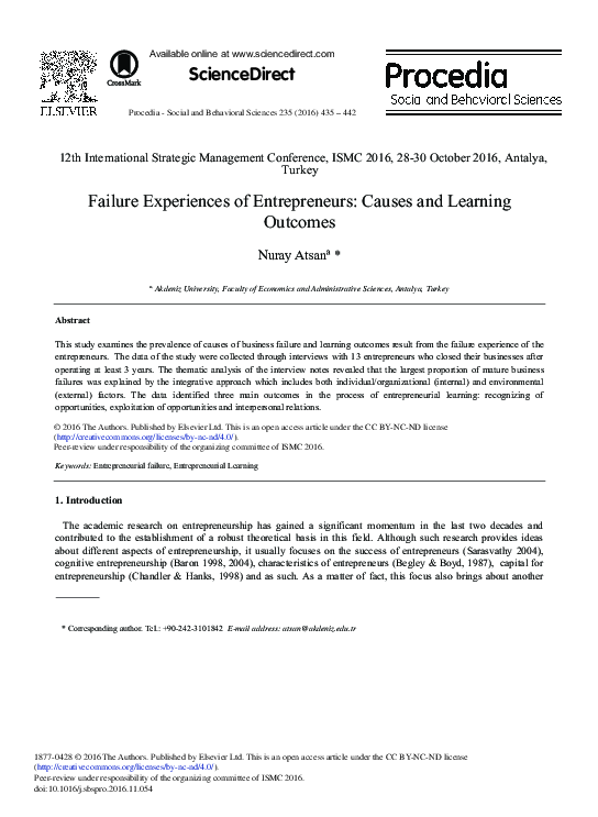 (PDF) Failure Experiences of Entrepreneurs: Causes and Learning Outcomes