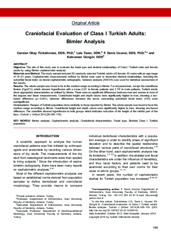 (PDF) Craniofacial Evaluation of Class I Turkish Adults: Bimler Analysis