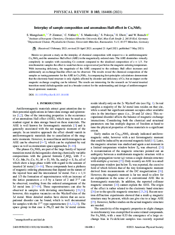 (PDF) Interplay of sample composition and anomalous Hall effect in CoxNbS2