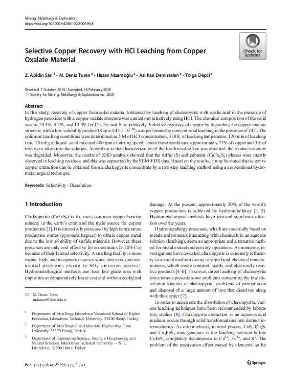 (PDF) Selective Copper Recovery with HCl Leaching from Copper Oxalate ...